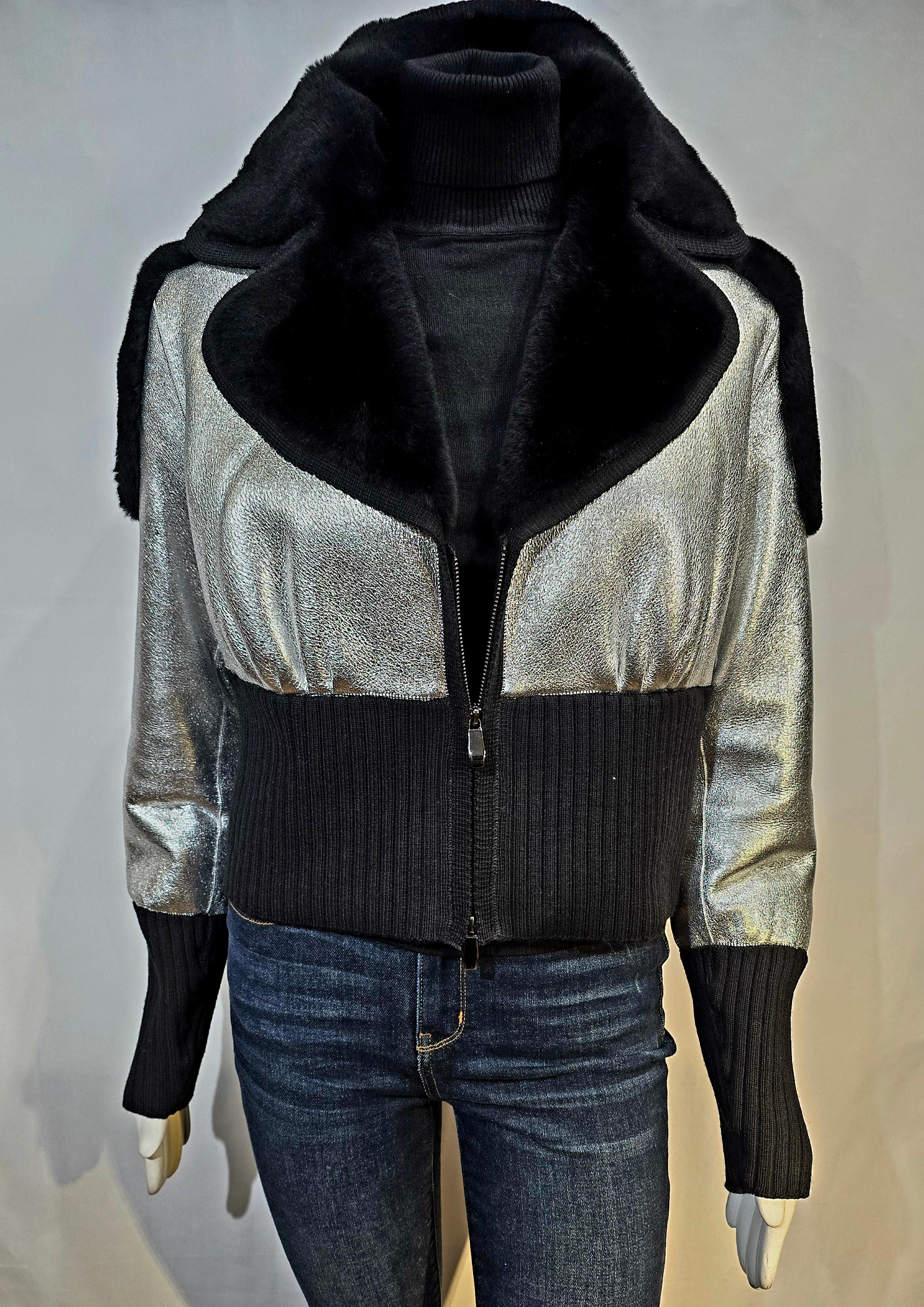 Silver metallic leather jacket with black shearling collar and trim ...